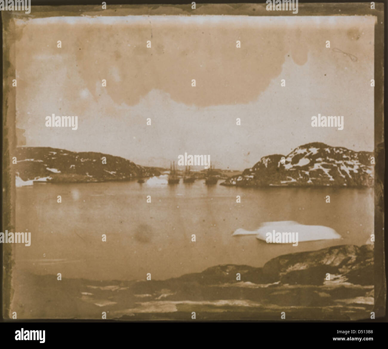 The Belcher expedition ships are seen anchored in Disko Bay, Greenland ...