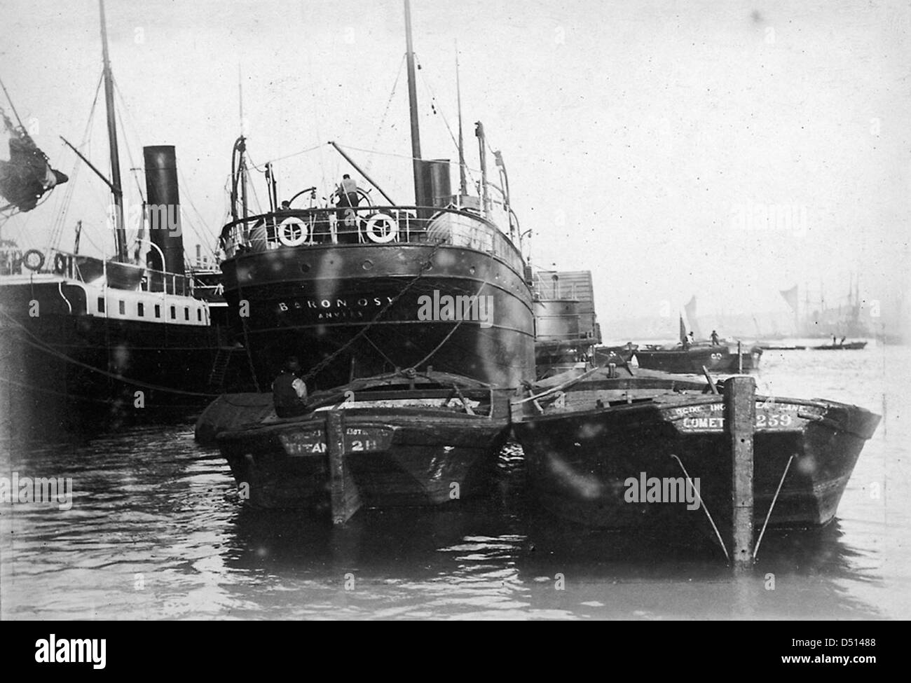 The SS 'Baron Osy' was a steamship seen docked in the Pool of London ...