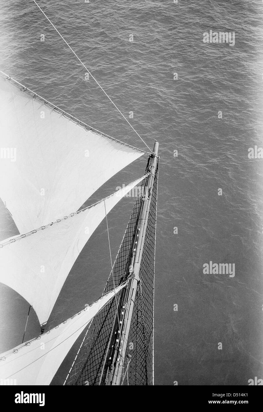 A photograph showing the bowsprit from aloft on the foremast of the ...