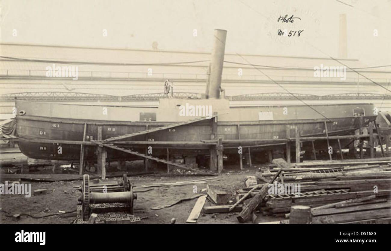 A photograph showing a small vessel on the stocks at Yarrow’s Yard, a ...
