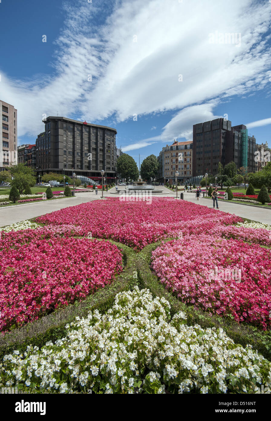Colourful flower gardens in the centre of Bilbao in the Basque Country ...