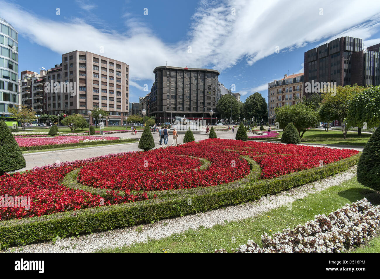 Colourful flower gardens in the centre of Bilbao in the Basque Country ...