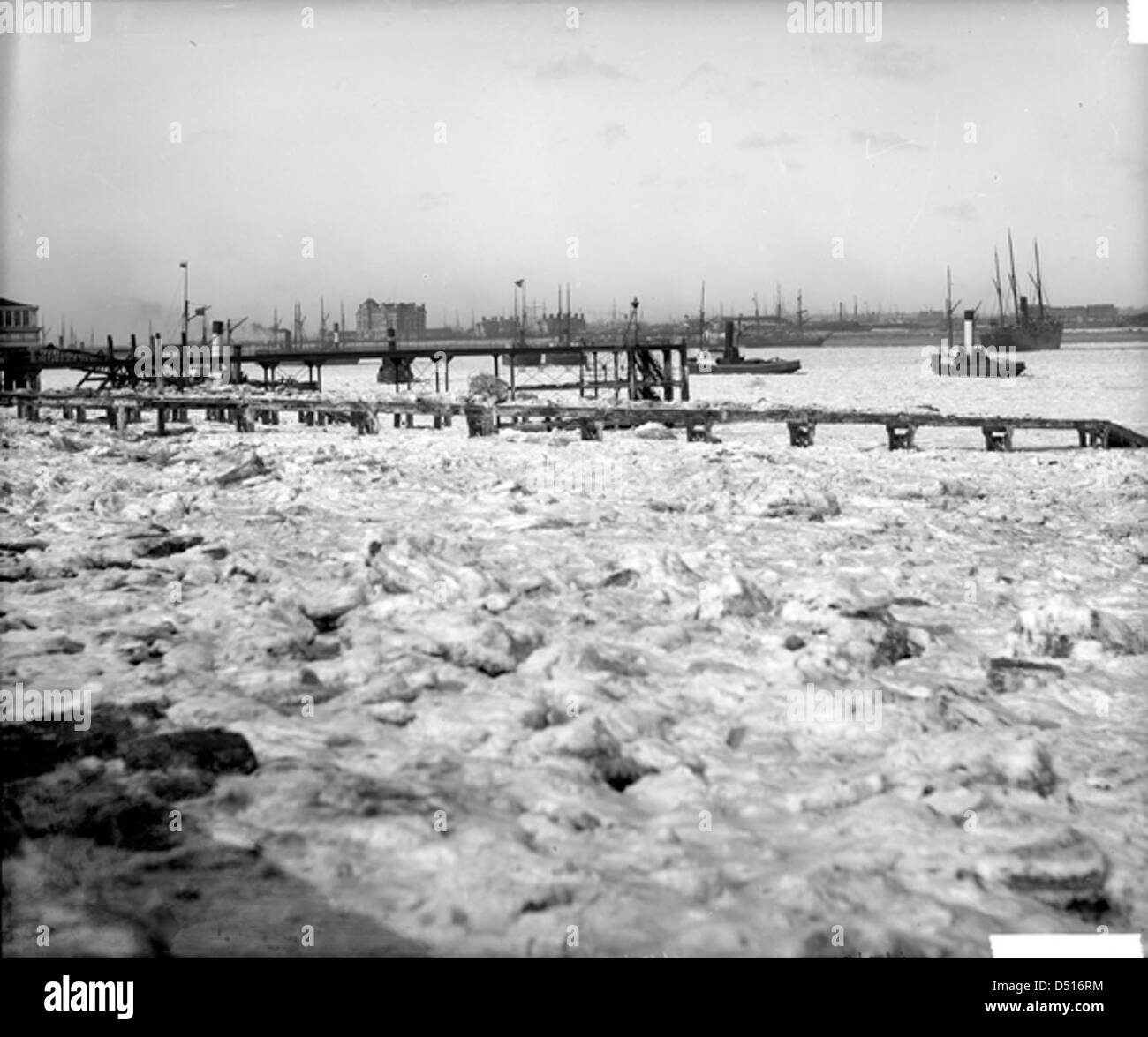 This photograph from 1895 shows ice in the River Thames near Gravesend ...