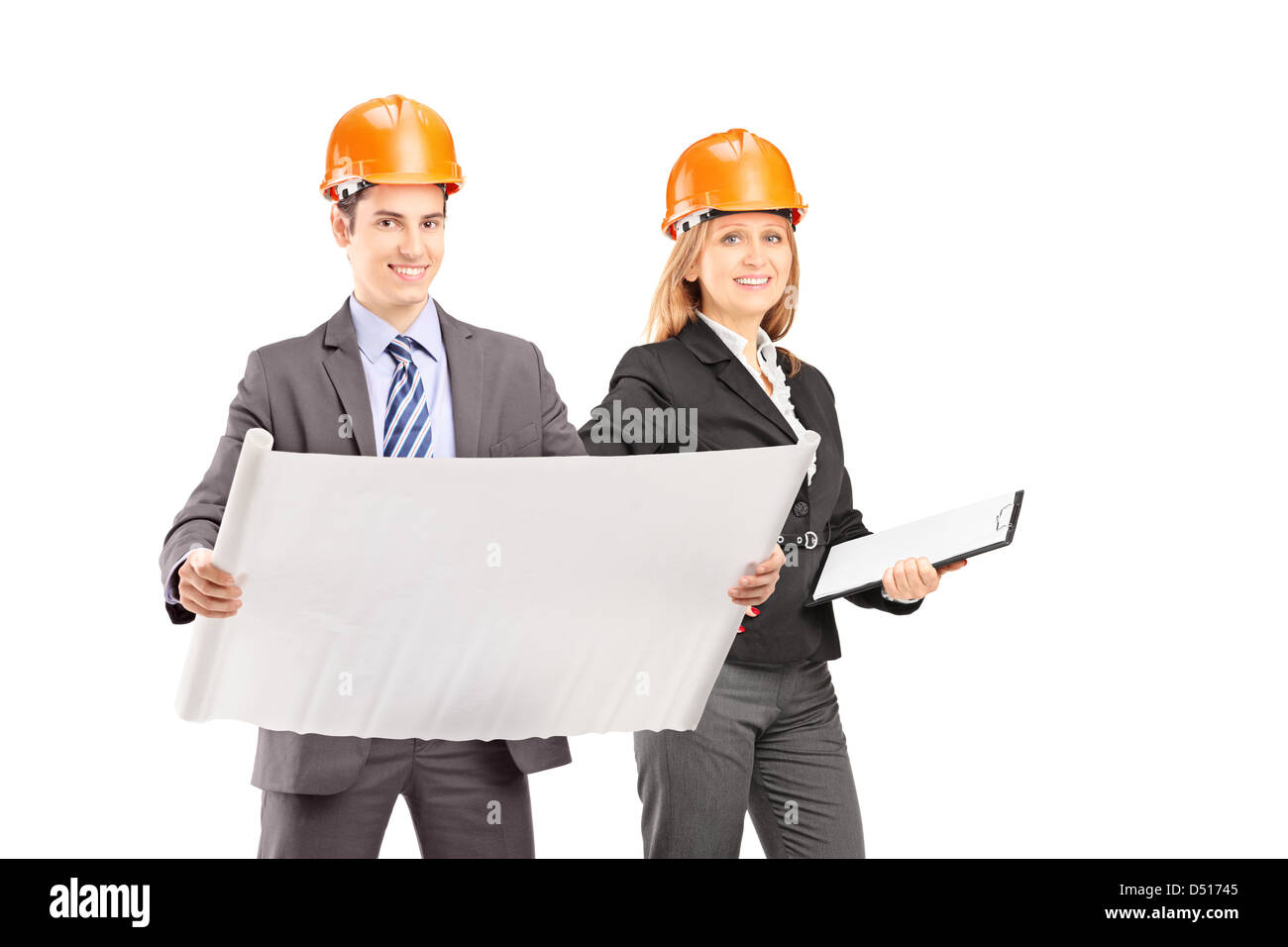 Male and female engineers posing isolated on white background Stock ...