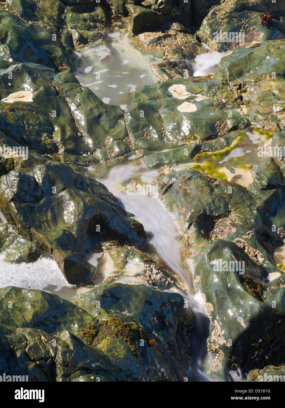 Waves crash on sea-side rocks, slowly carving the rock and creating ...