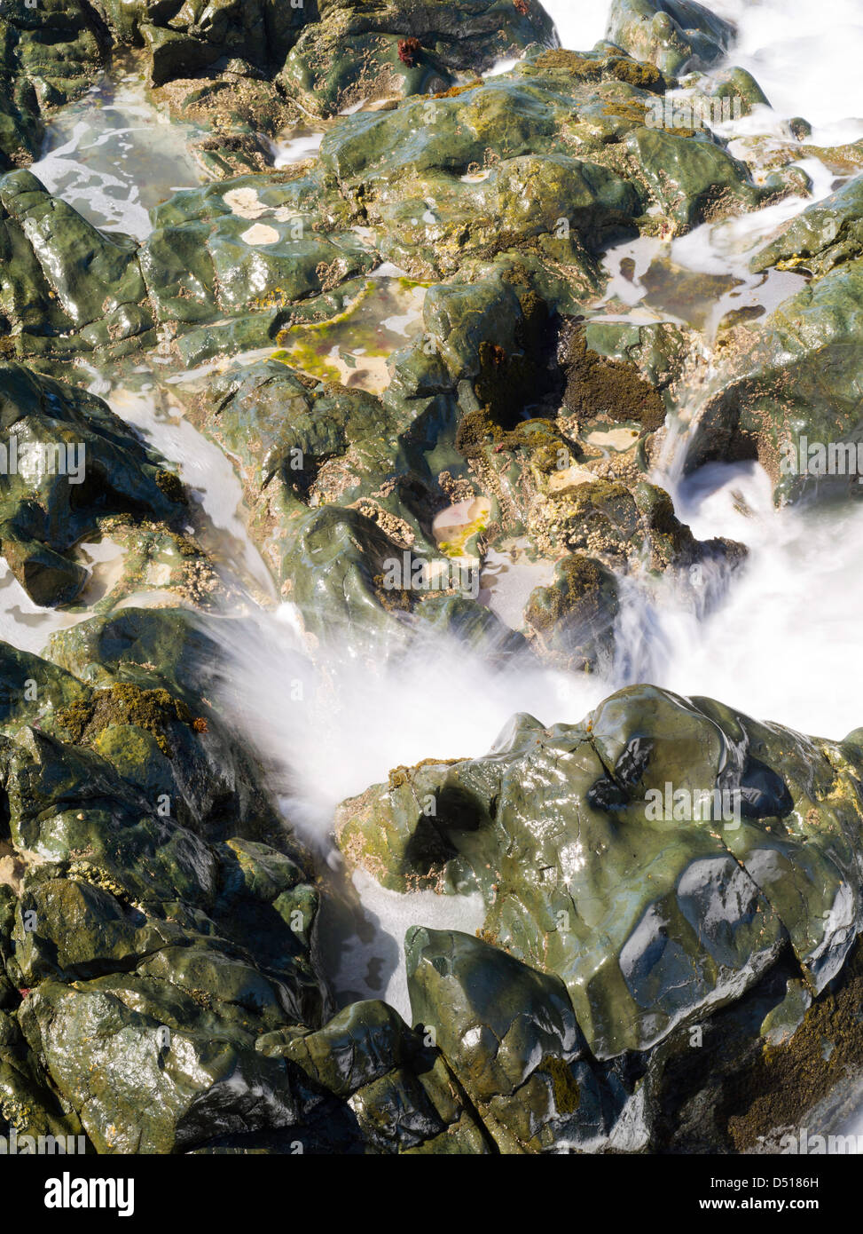 Waves crash on sea-side rocks, slowly carving the rock and creating ...