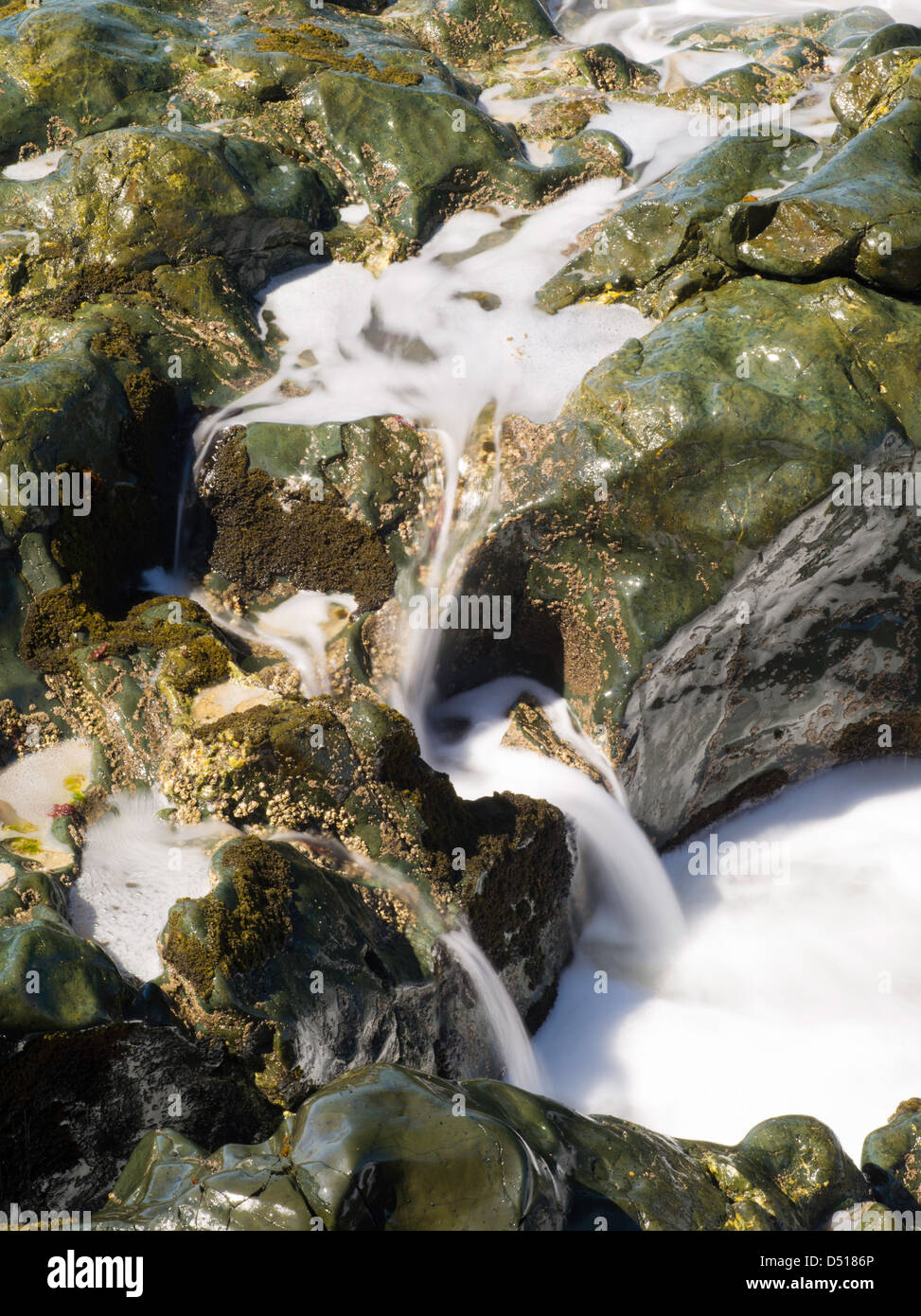 Waves crash on sea-side rocks, slowly carving the rock and creating ...