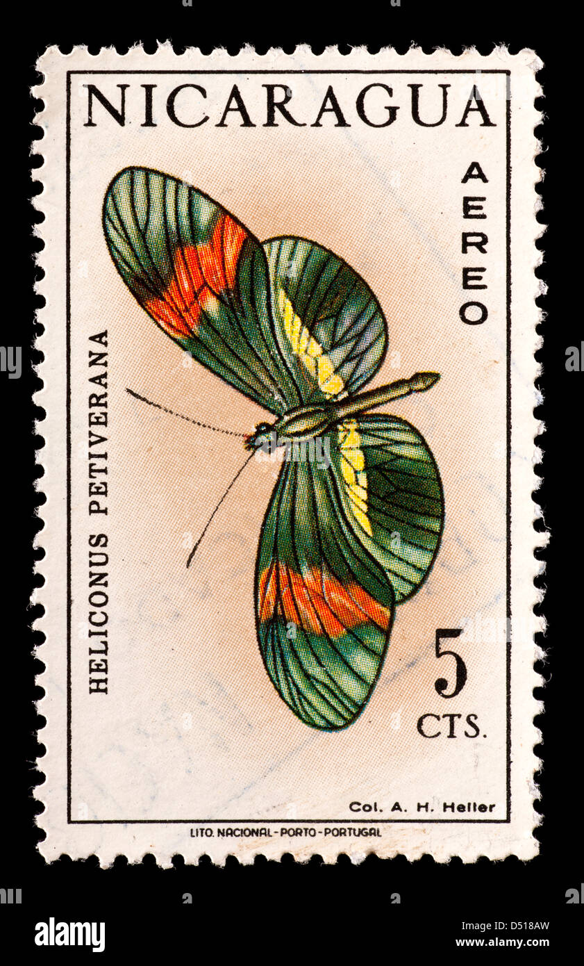 Postage stamp from Nicaragua depicting postman butterfly (Heliconus ...