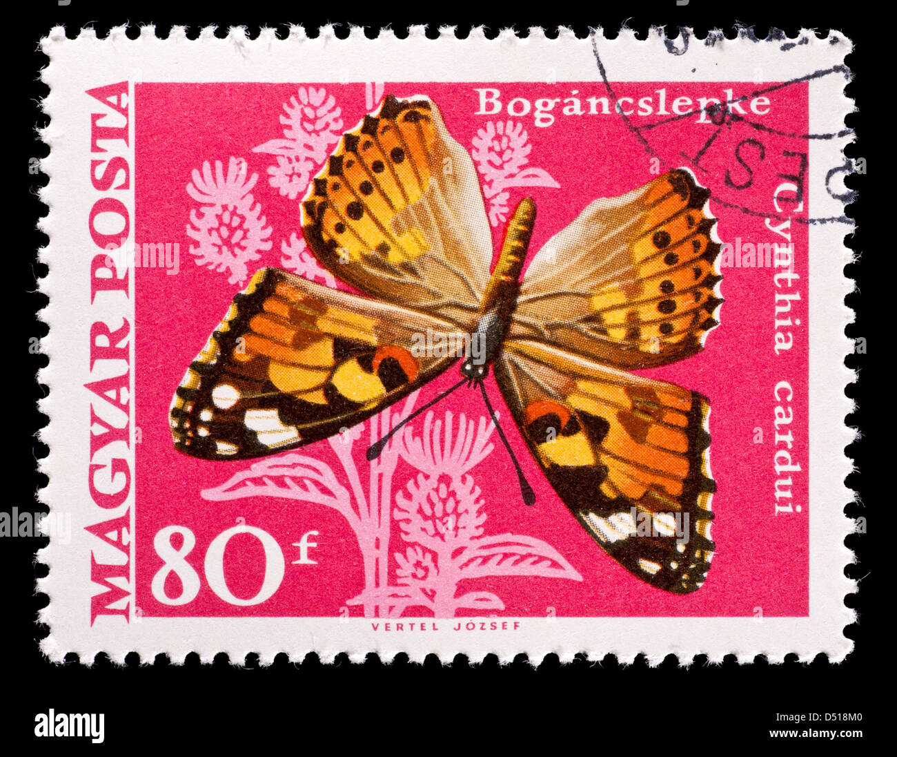 Postage stamp from Hungary depicting a painted lady butterfly (Cynthia ...