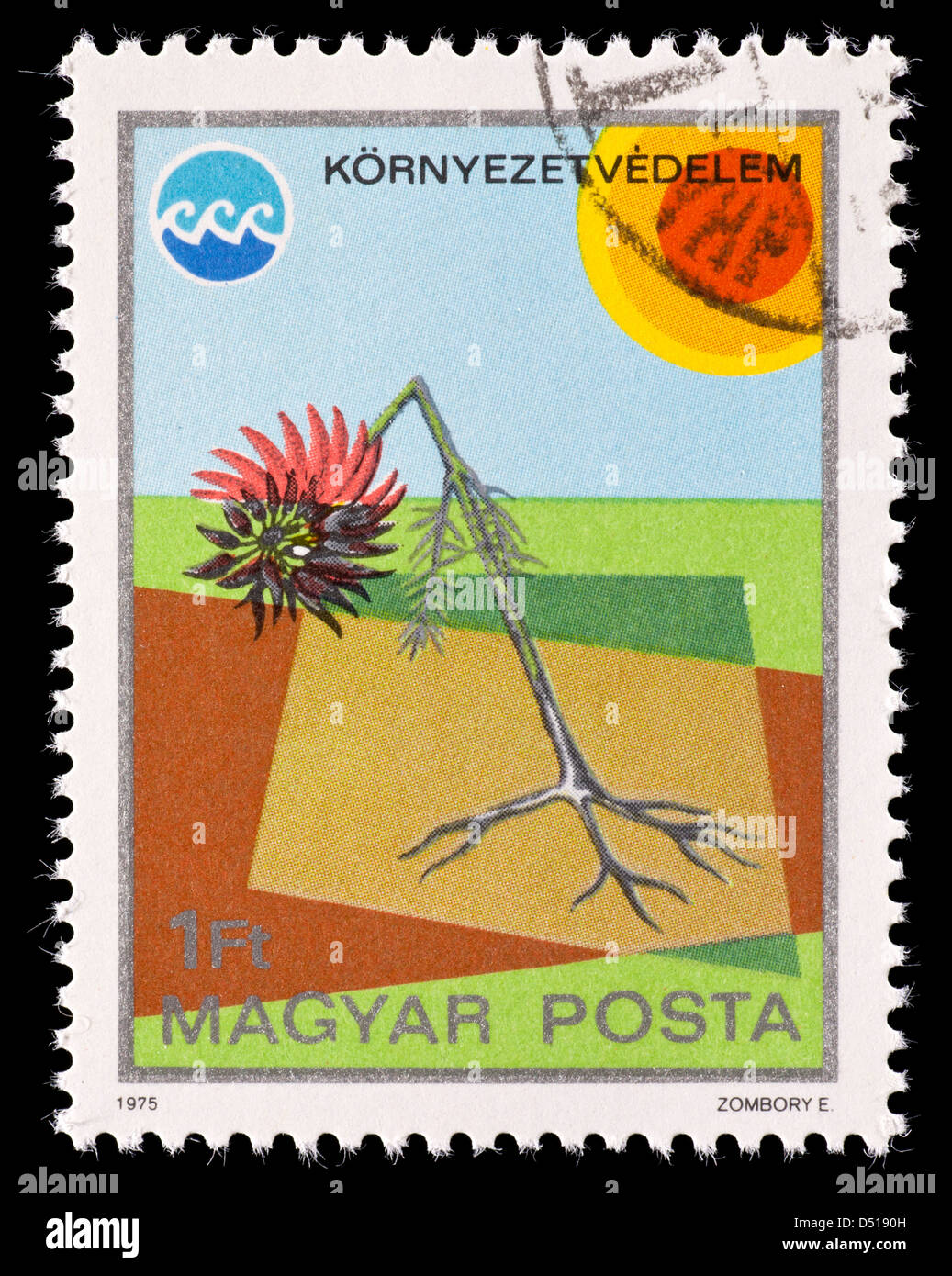 Postage stamp from Hungary depicting a carnation wilting on dry soil ...