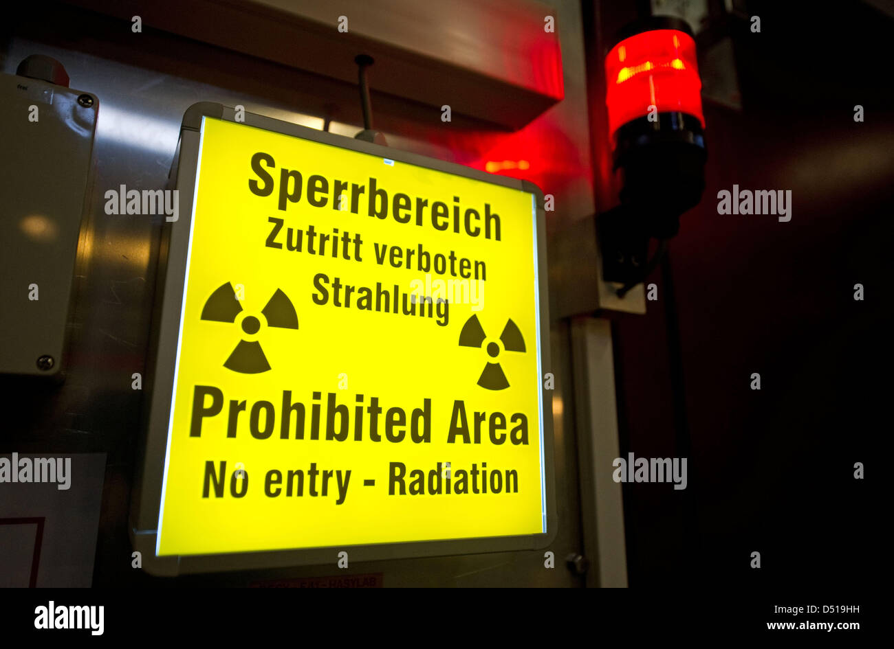 A sign warns of radiation in the experiment facility of the free ...