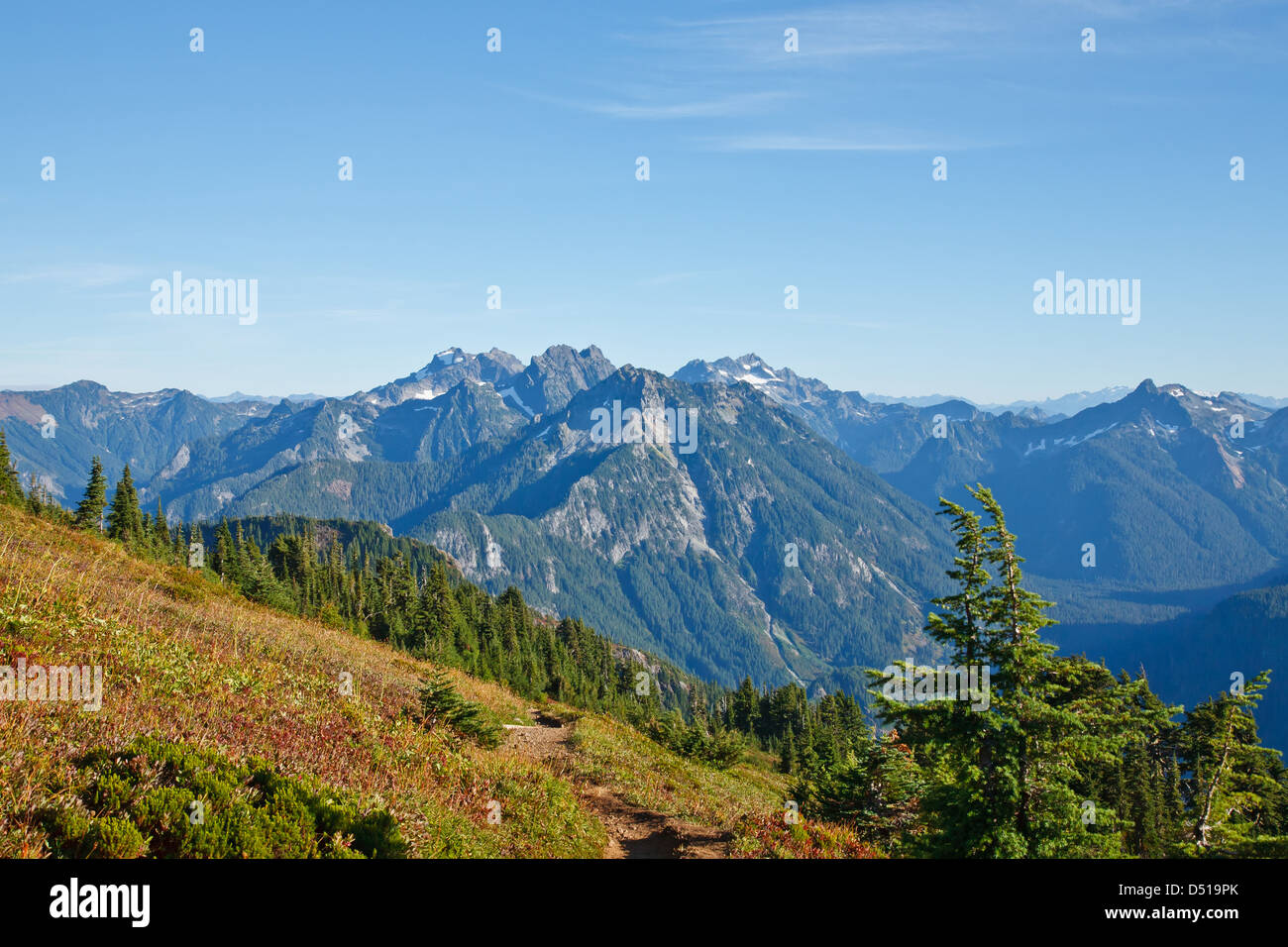 Mount Dickerman hiking trail view of scenic mountain range looking East ...