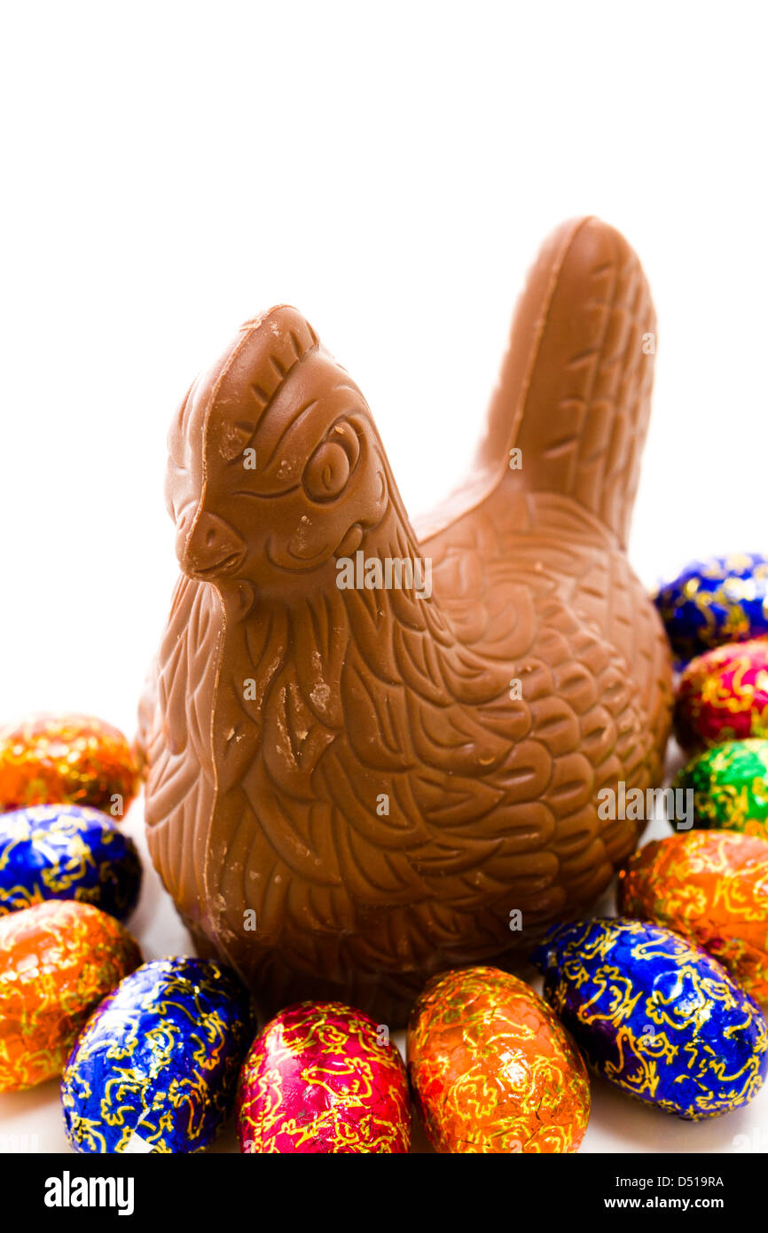 Chocolate chicken prepared for Easter on a white background Stock Photo ...