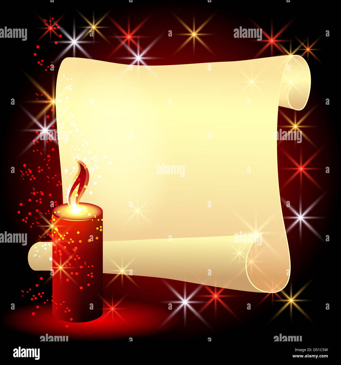 Folded parchment and a burning candle on red background Stock Photo - Alamy