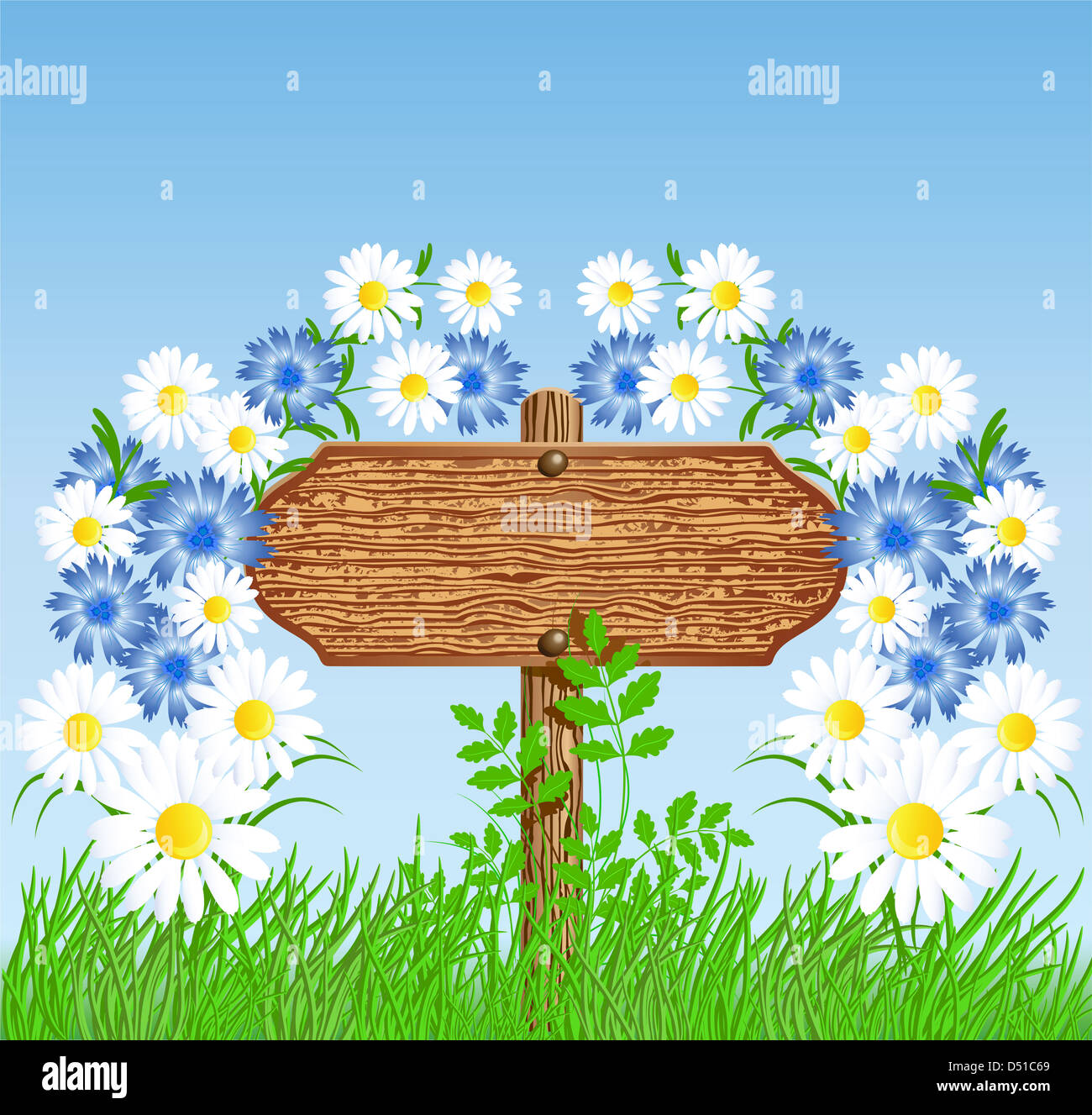Wooden signboard on the meadow with flowers Stock Photo - Alamy