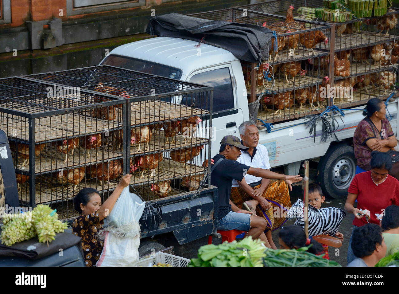 Indonesia, Bali, Ubud, selling chicken and vegetables at the market ...