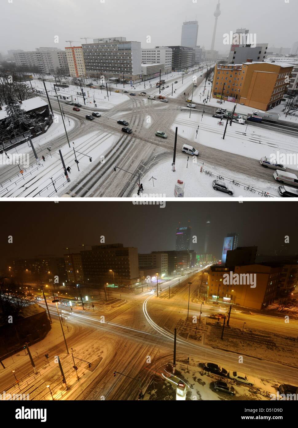A combo picture shows an intersection by day and night in snowy Berlin ...