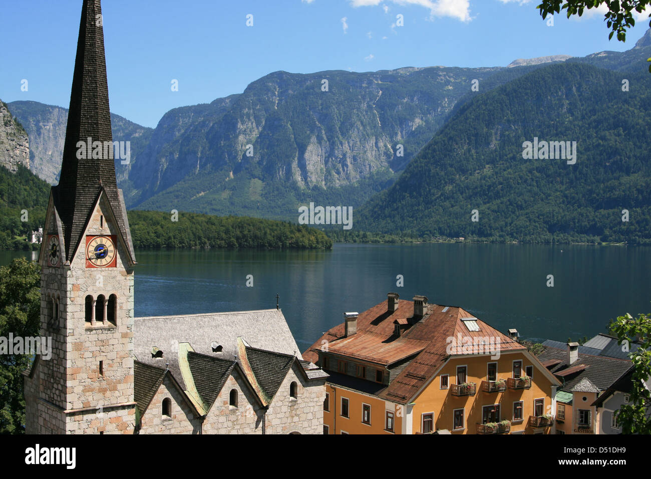 Evangelic church of Hallstatt village in the Salzkammergut, a region in ...