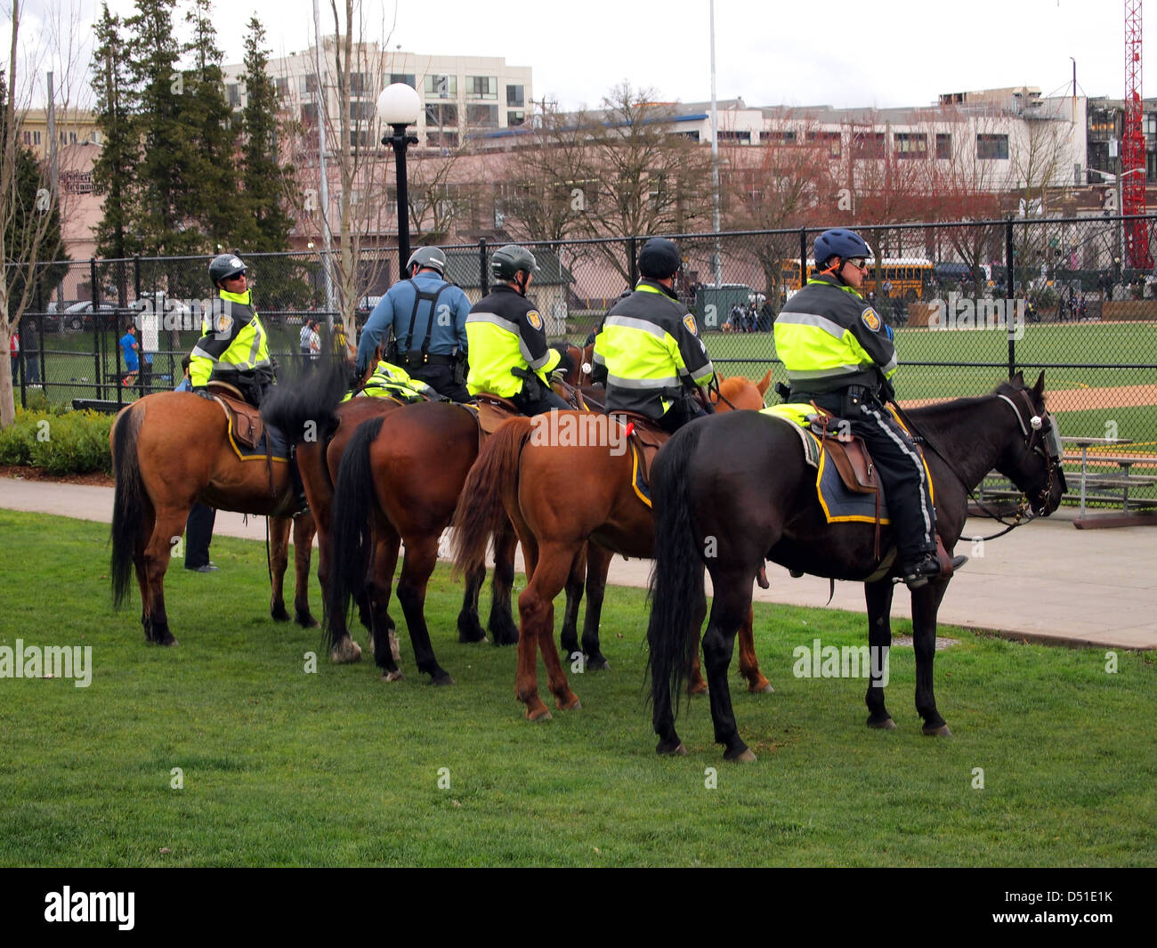 Seattle police department mounted officers on horses at an anti police ...
