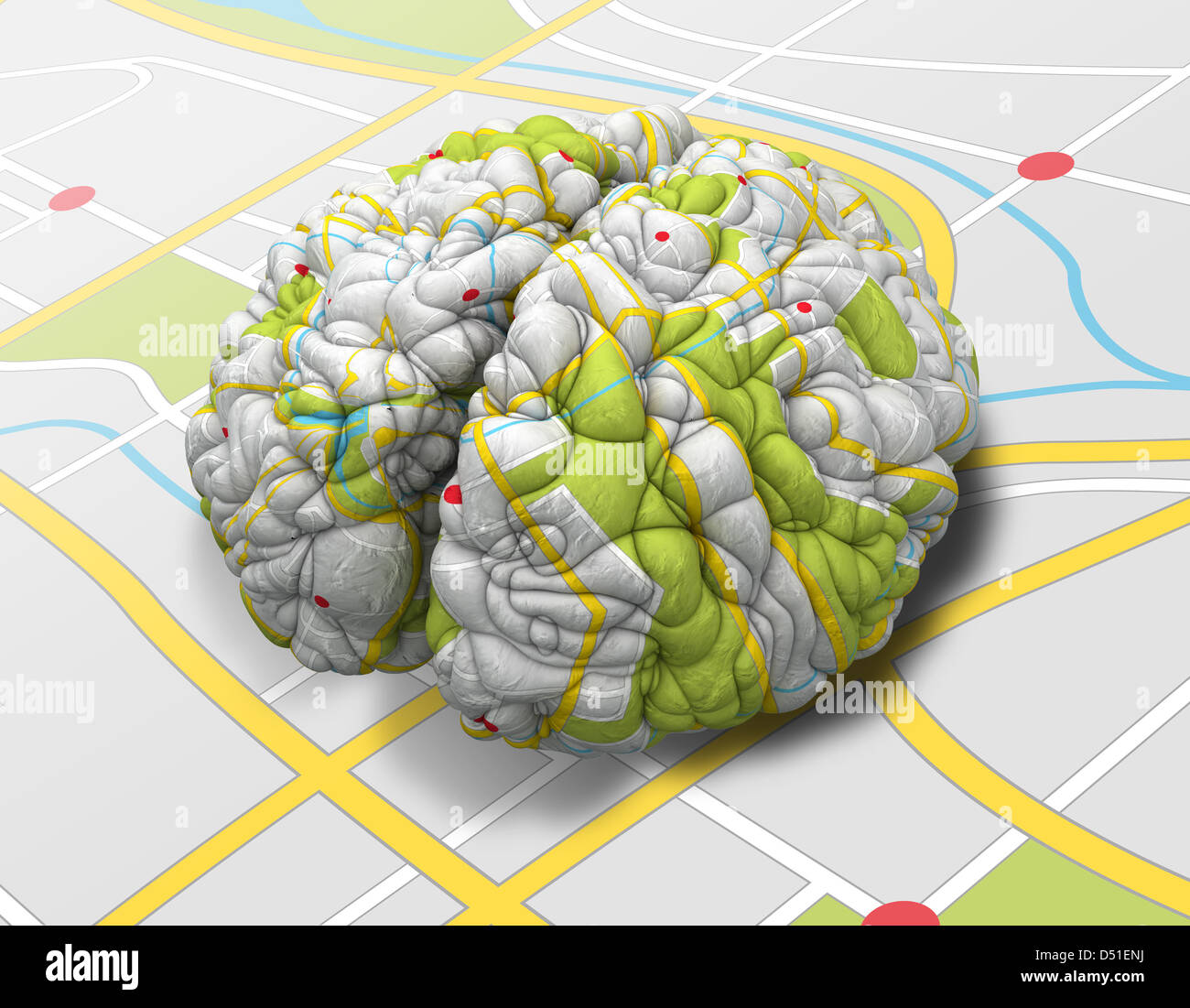 A brain wrapped with a simple road map texture laying on a flap road ...