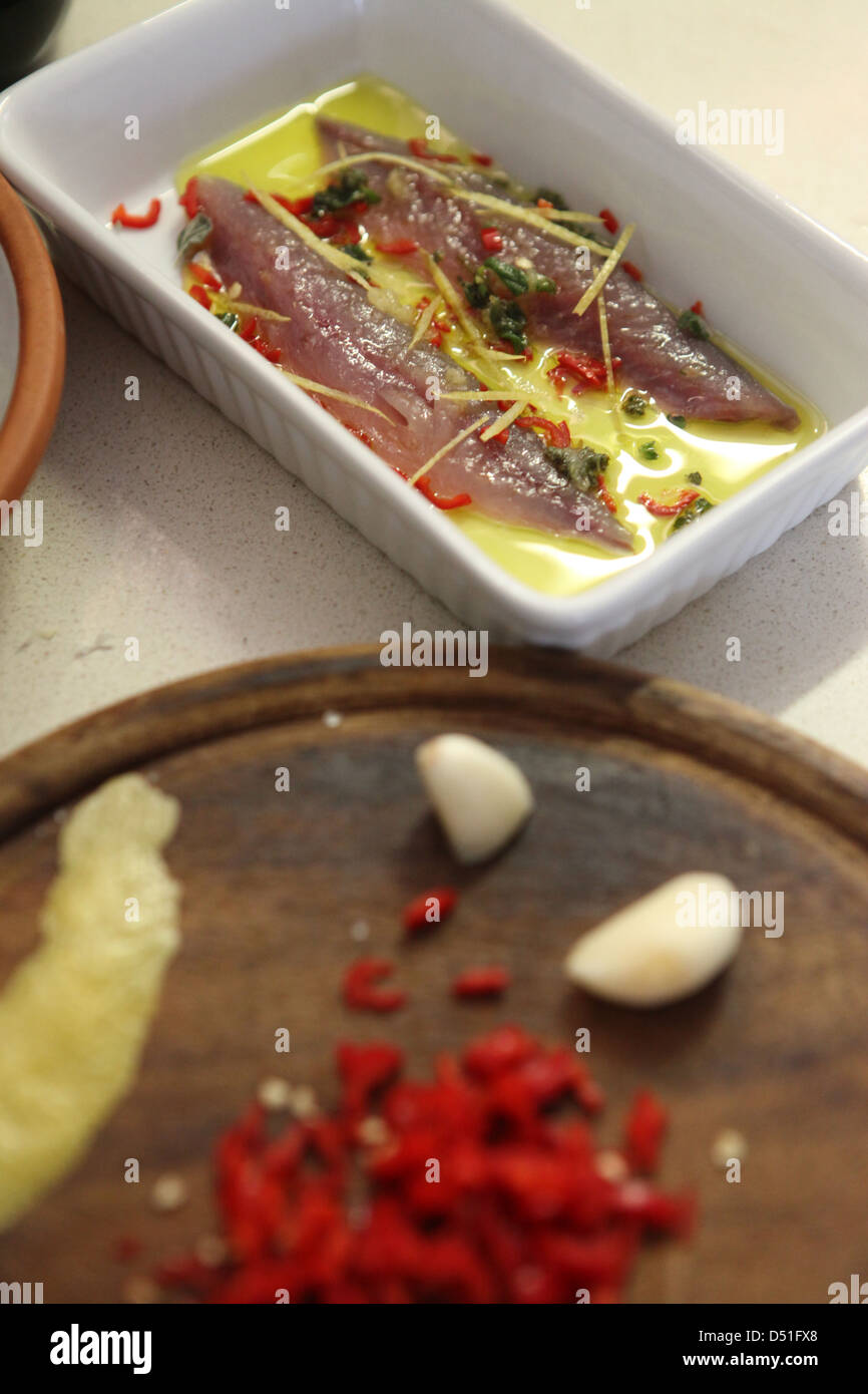 Raw Mackerel Fillet with herbs and spices Stock Photo - Alamy