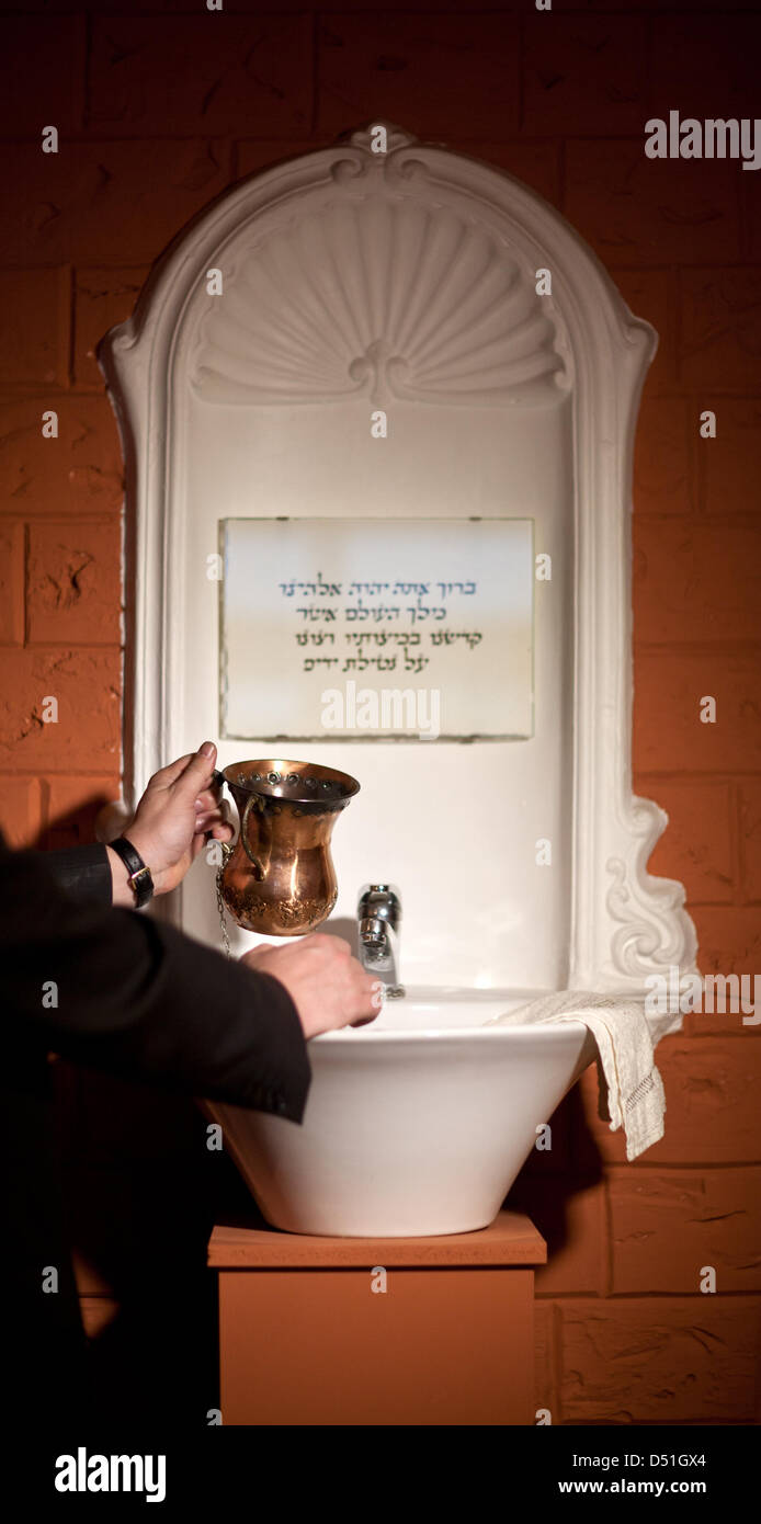 A water basin for ritual washing hangs at the Jewish restaurant 'Shalom ...