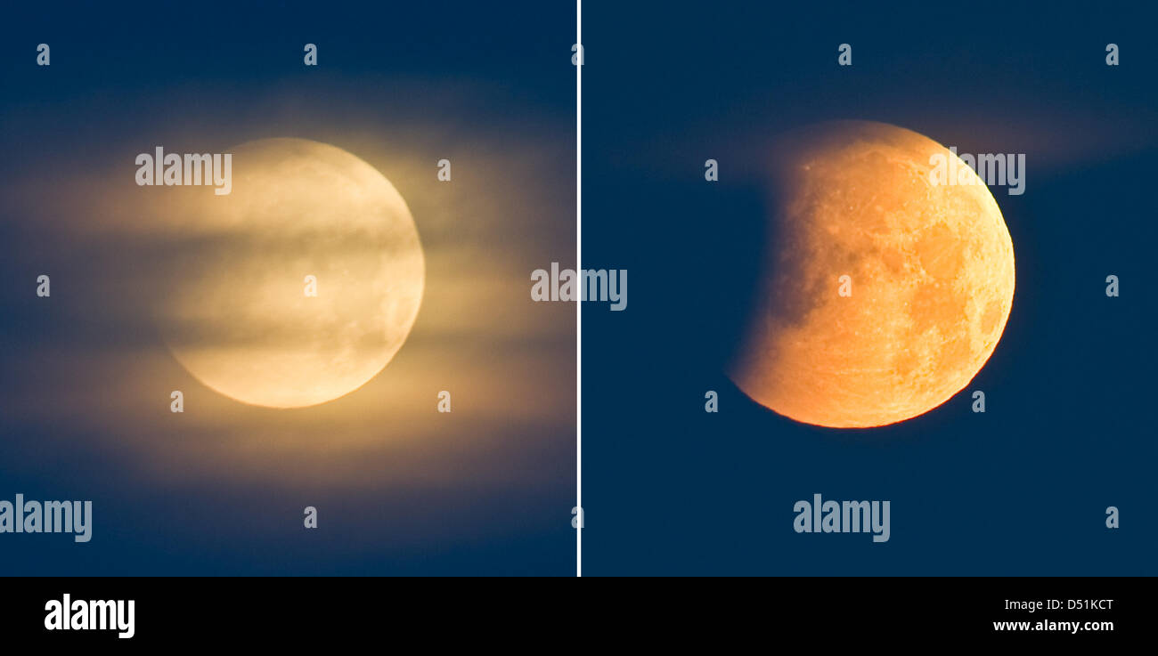 A compilation of pictures shows the full moon slightly covered with ...