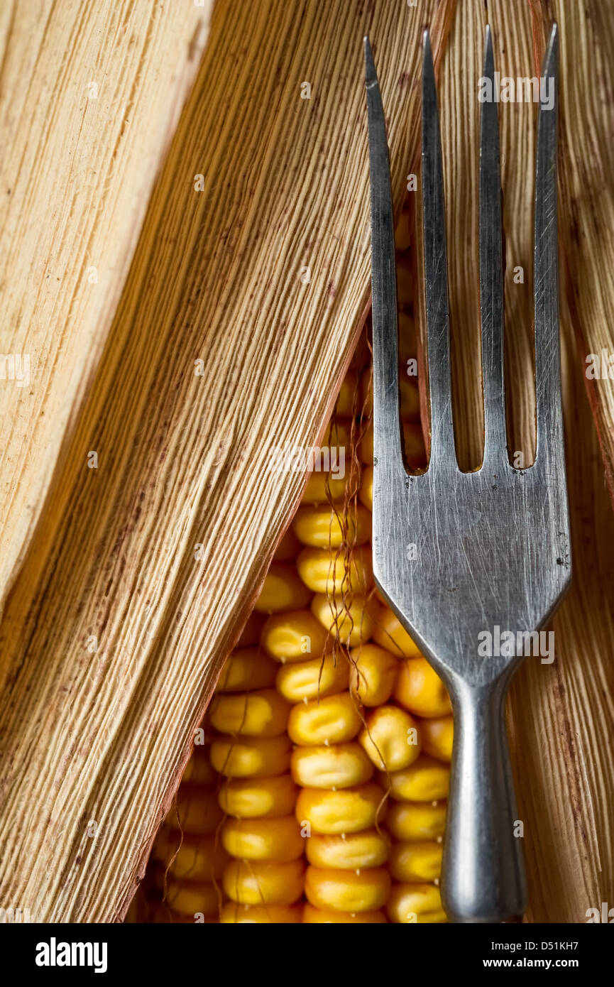 Corn and fork close-up. Very small depth of field Stock Photo - Alamy