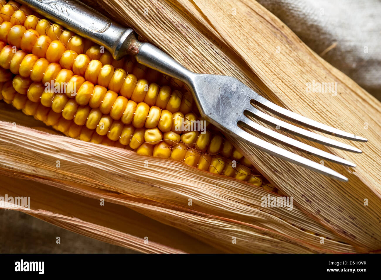 Corn and fork close-up. Very small depth of field Stock Photo - Alamy