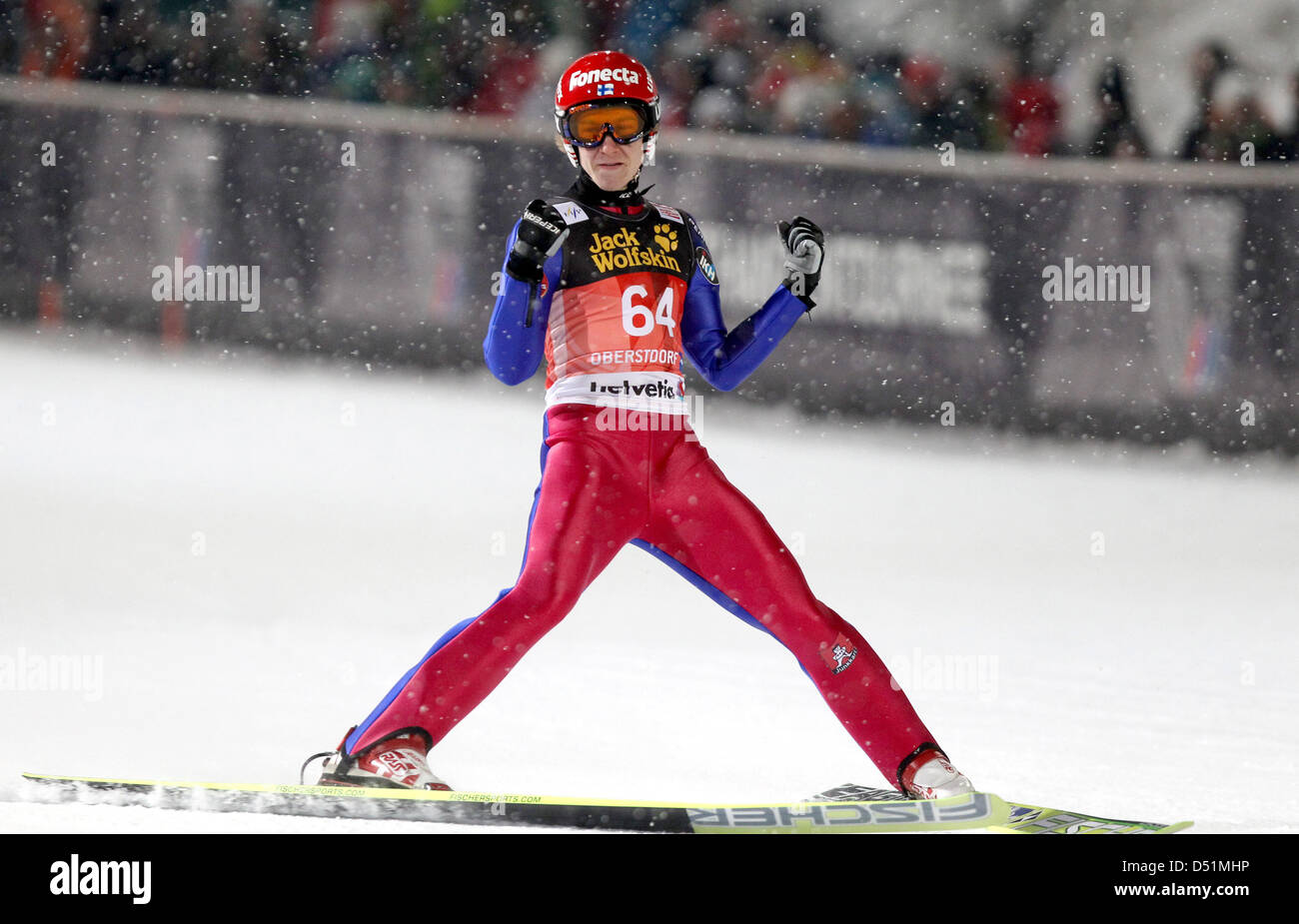 Finnish ski jumper Ville Larinto cheers after his qualifying jump from ...