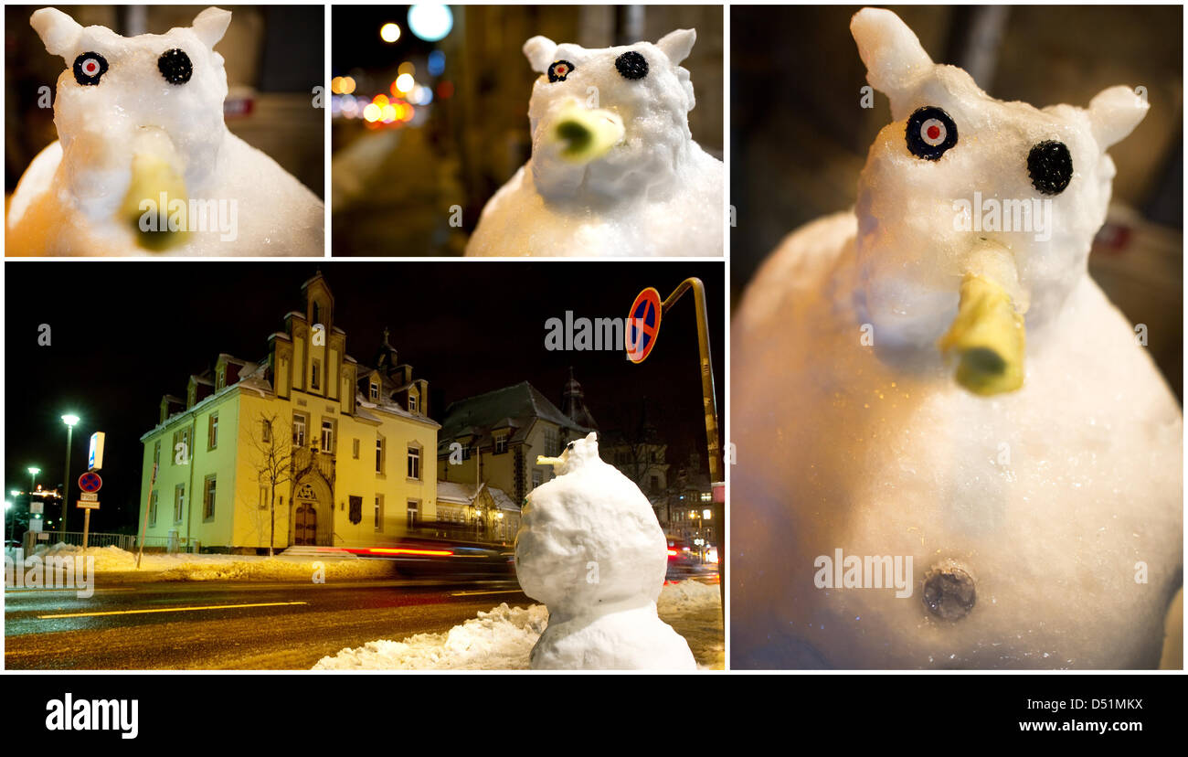 A snowman with a long nose and 'Bionade' crown cap eyes stands at a ...