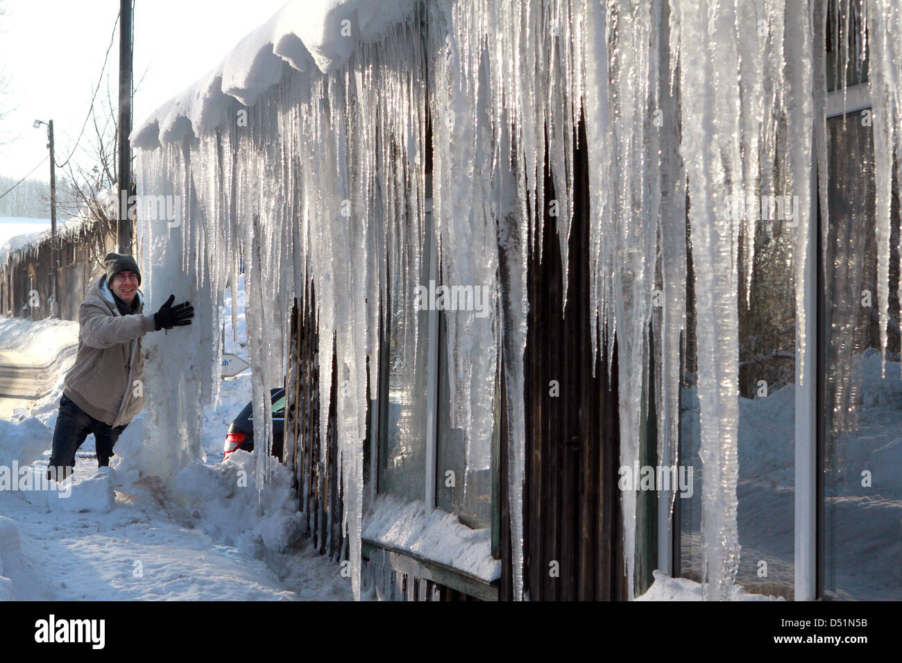 Extremely long icicles hang from a house in Koenigshuette, Germany, 29 ...