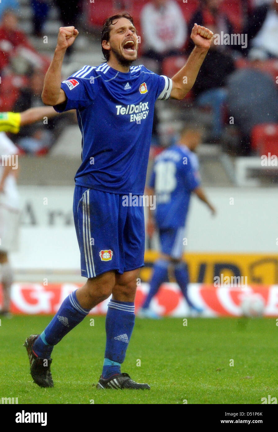 Leverkusen's Manuel Friedrich cheers after a Bundesliga game of Vfb ...