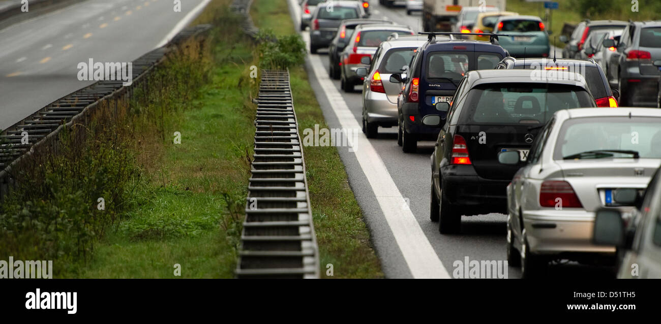 A traffic jam is featured on the Autobahn A13 towards Berlin in ...