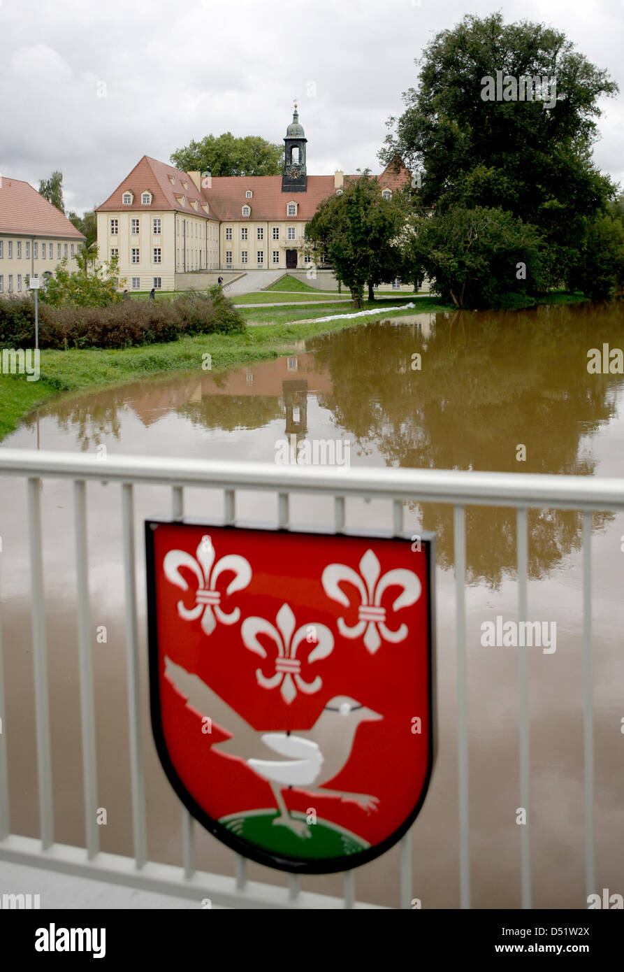 View over the high waters of Schwarze Elster river in Elsterwerda ...