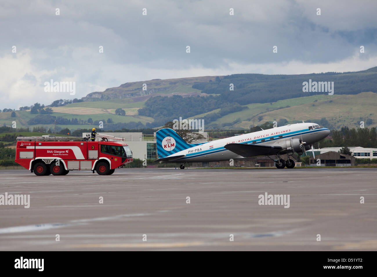 A KLM Royal Dutch Airline twin prop aircraft flying out of a Scottish ...