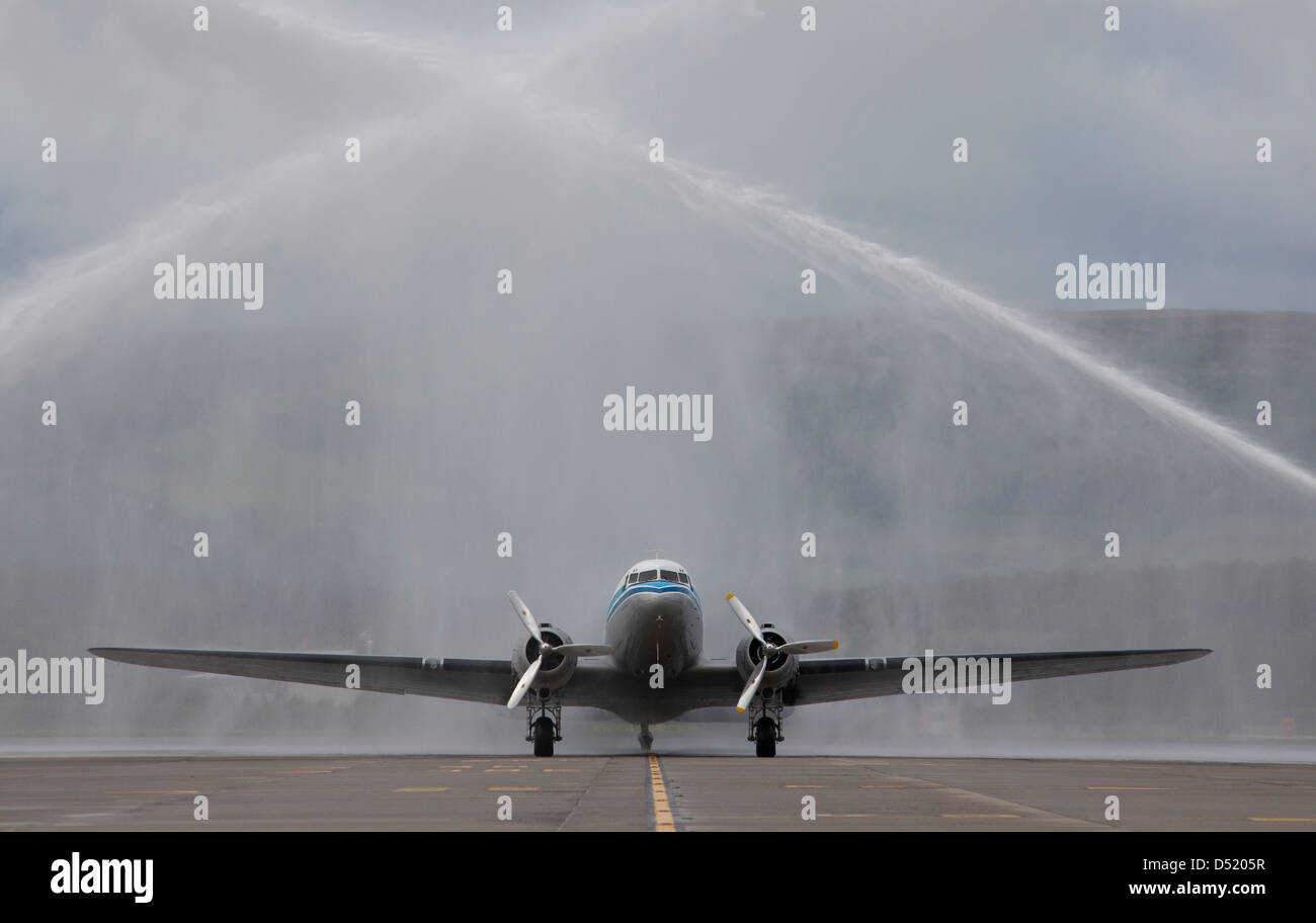 A KLM Royal Dutch Airline twin prop aircraft flying out of a Scottish ...