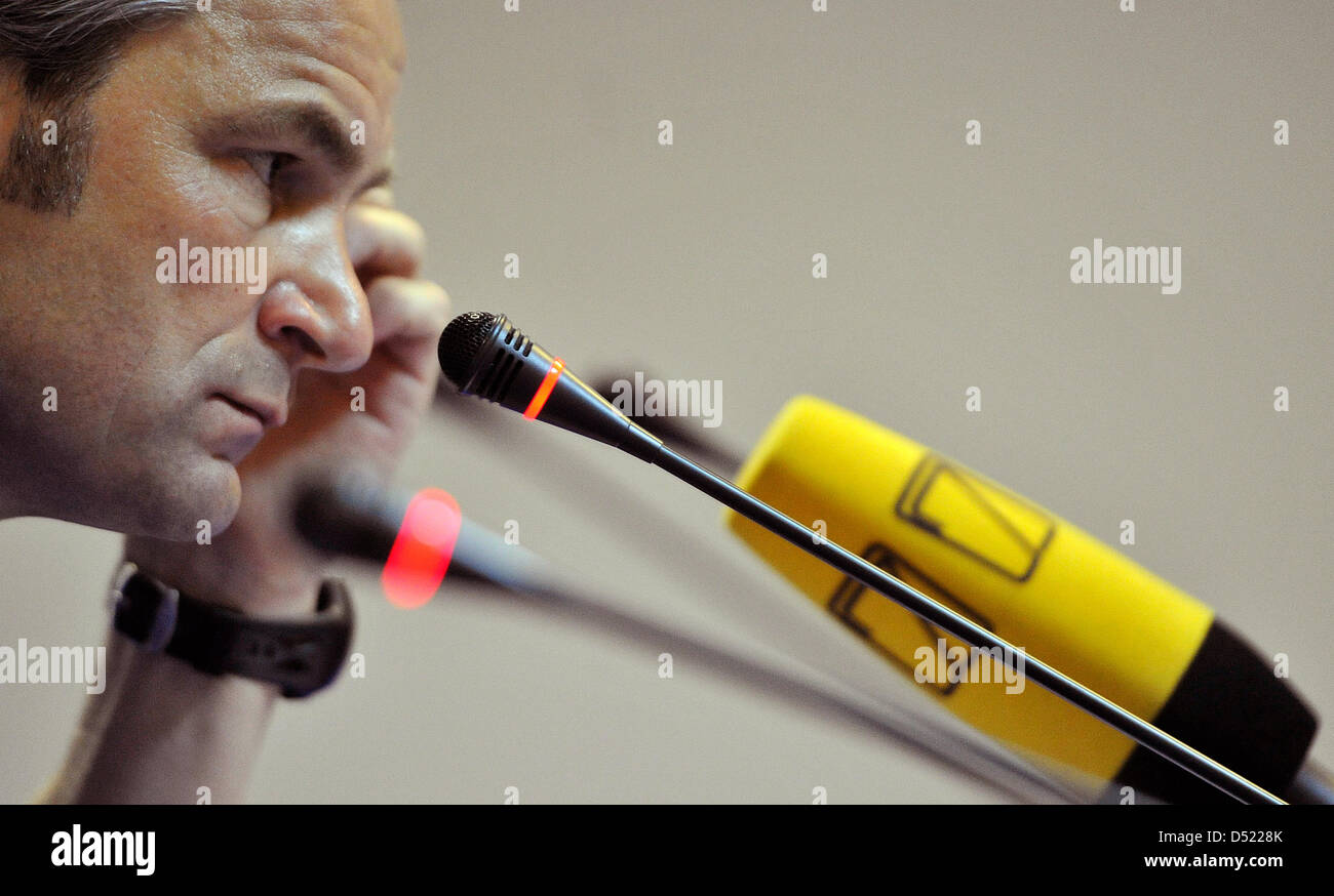 The coach of the Kazakh national soccer team, Bernd Storck, speaks at a ...