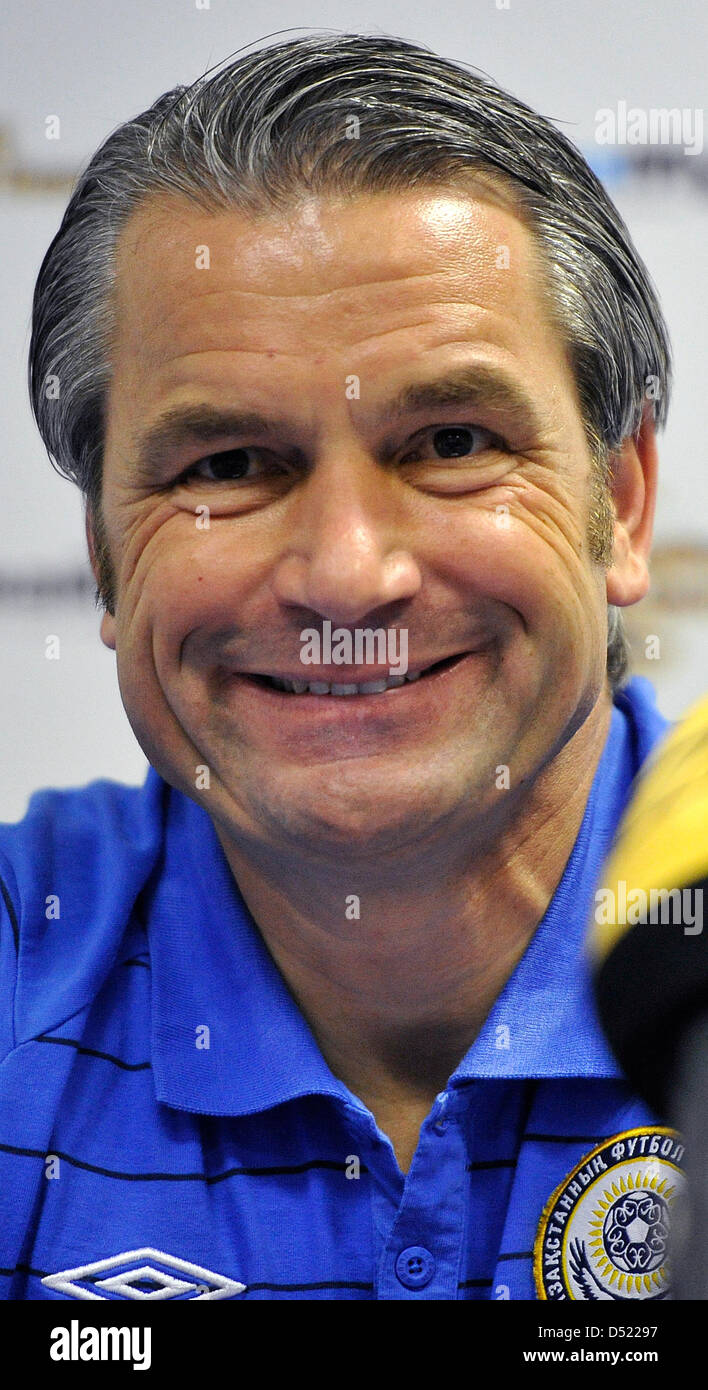 The coach of the Kazakh national soccer team, Bernd Storck, speaks at a ...