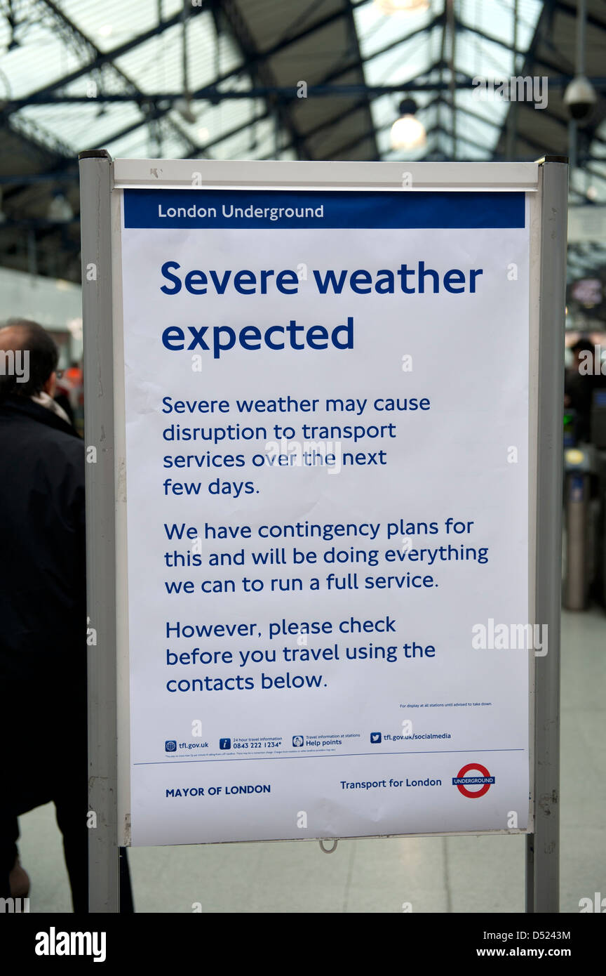 Notice warning of Severe Weather on the London Underground Stock Photo ...