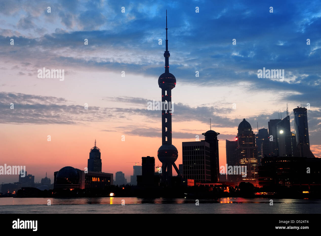 Shanghai morning silhouette before sunrise with city skyline and ...