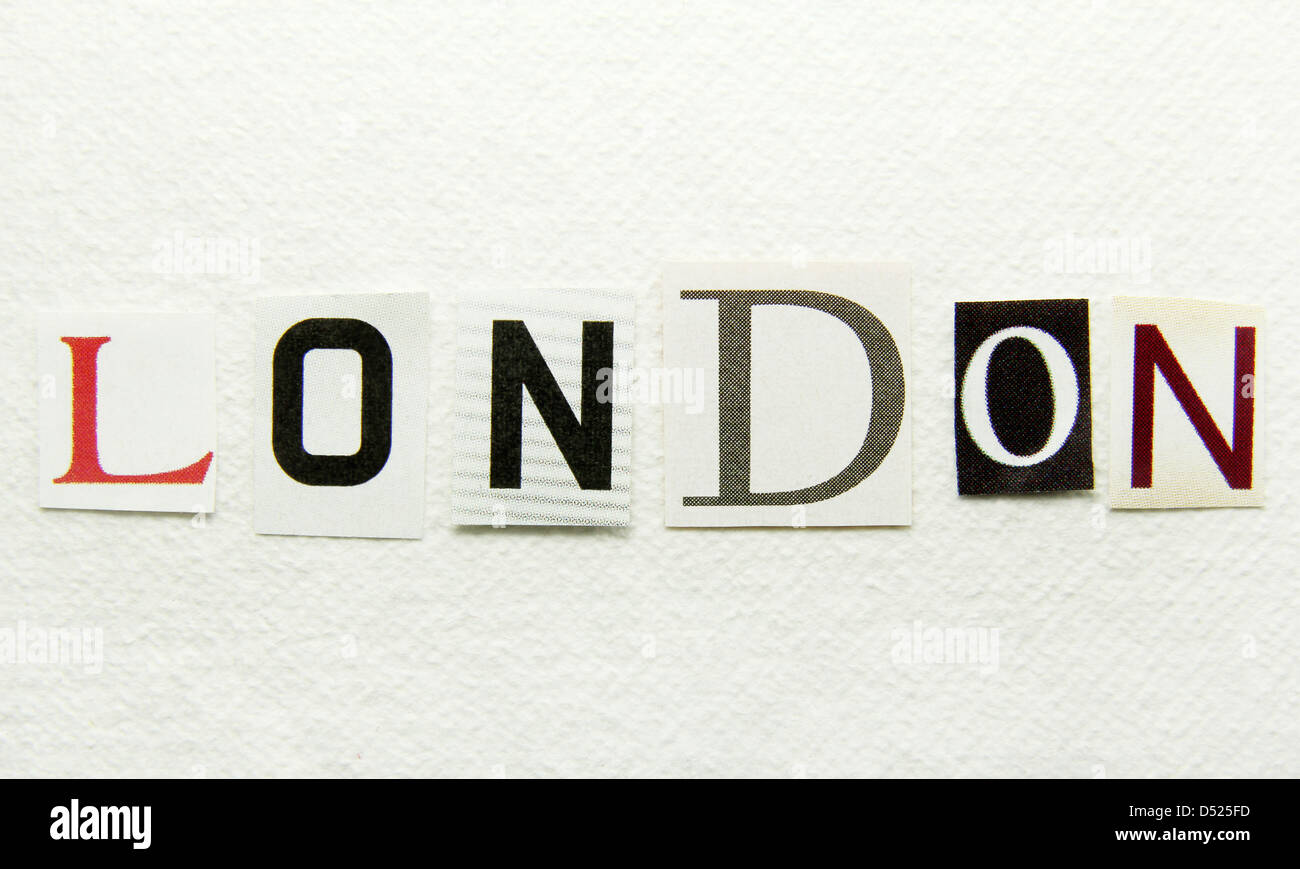 word london cut from newspaper on white, handmade paper Stock Photo - Alamy