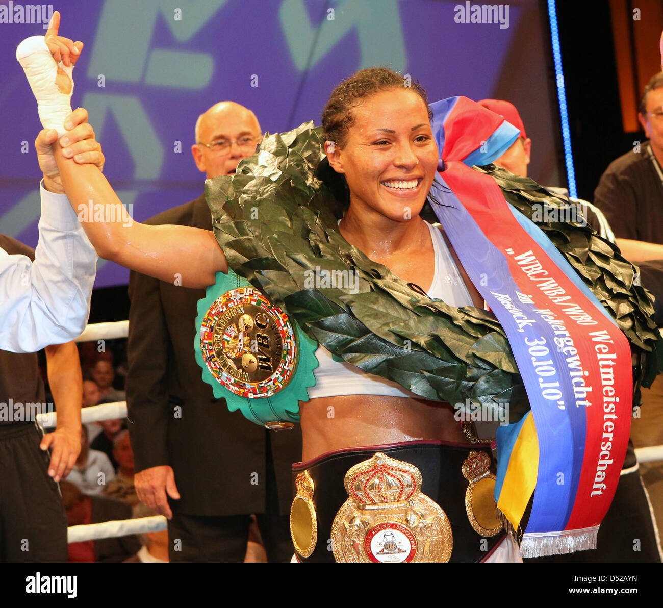 Norwegian boxer Cecilia Braekhus cheers after the fight against Mikaela ...