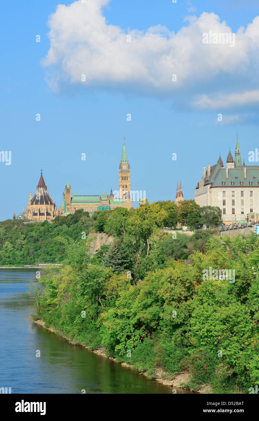 Ottawa cityscape in the day over river with historical architecture ...