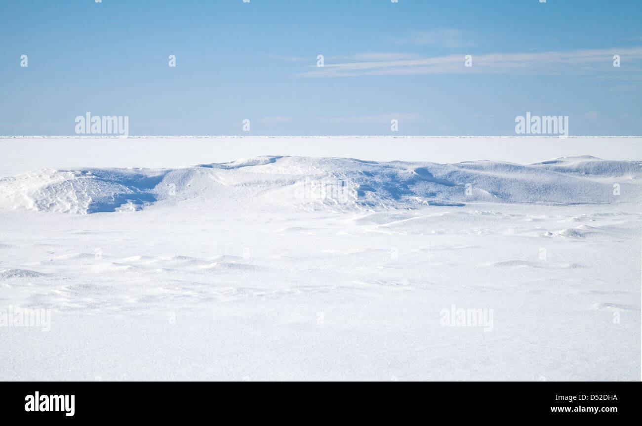 Empty winter background landscape. Blue sky, snow on frozen Baltic Sea ...