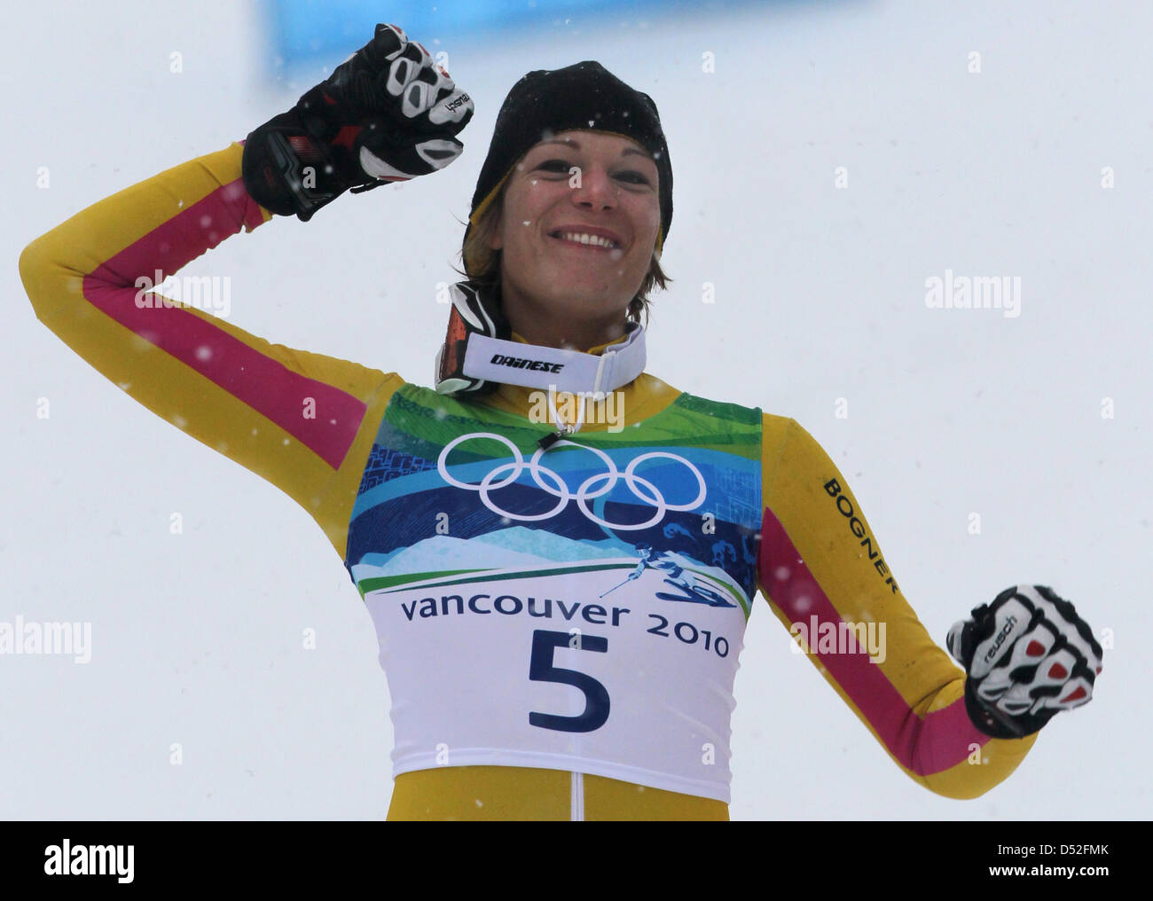 Maria Riesch of Germany celebrates during the flower ceremony after ...