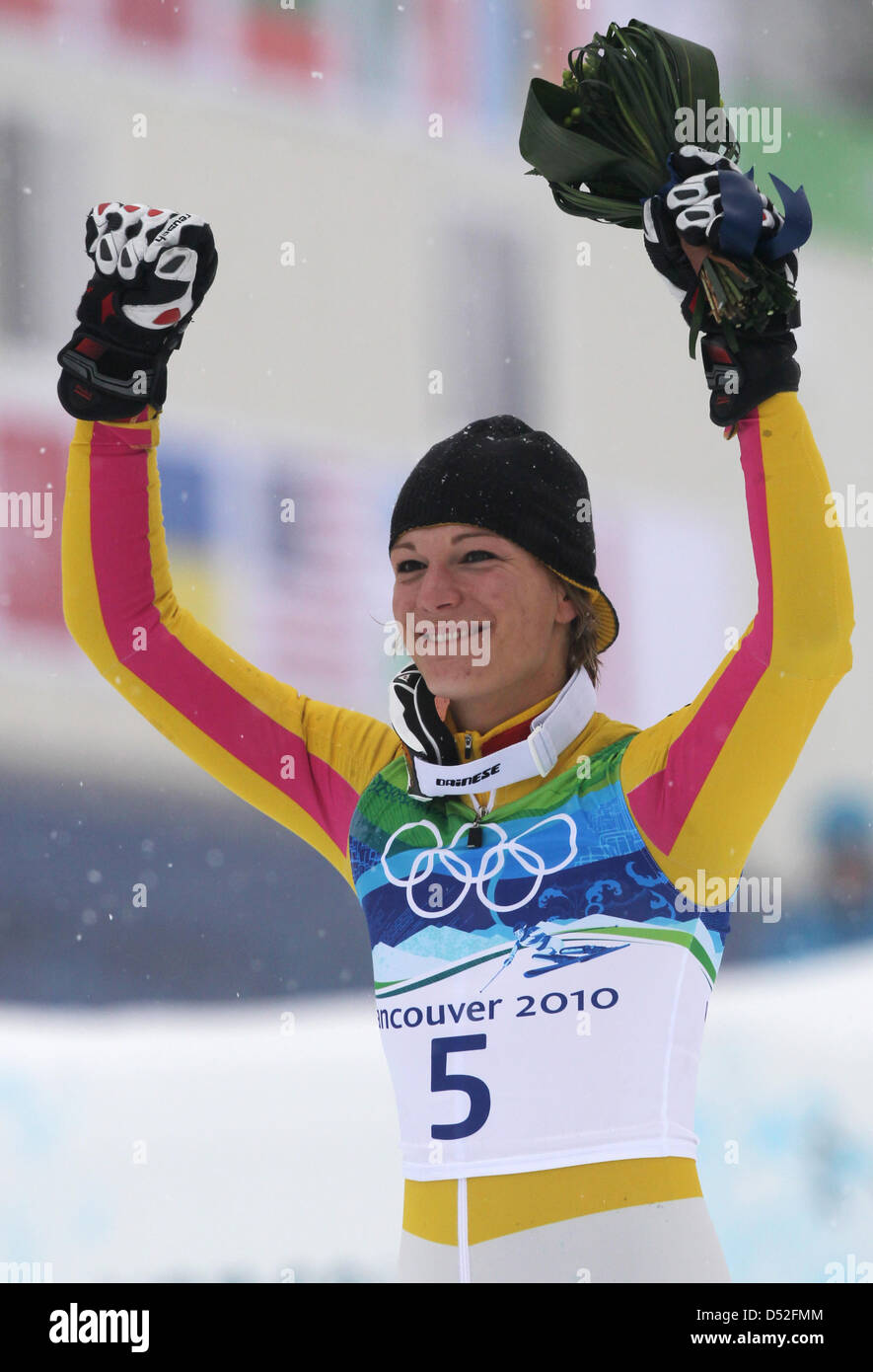 Maria Riesch of Germany celebrates during the flower ceremony after ...