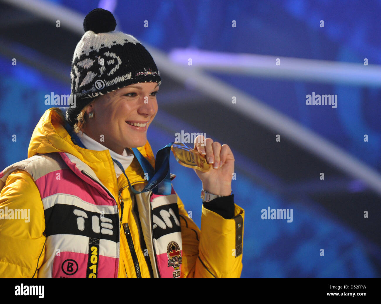 Maria Riesch of Germany celebrates winning the gold medal during the ...