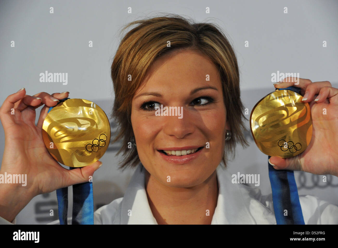 Maria Riesch of Germany poses with her two gold medals for the Women's ...