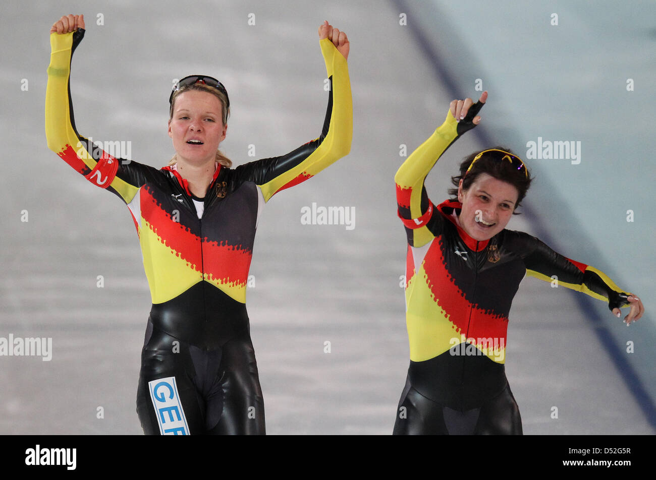 Stephanie Beckert (L) and Daniela Anschuetz-Thoms of Germany enjoy ...